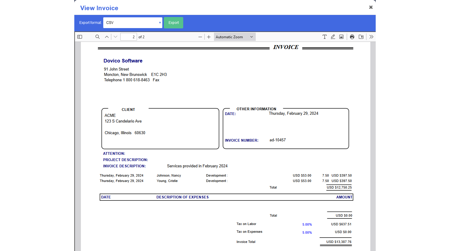 Dovico Timesheet Billing view - Dovico Blog