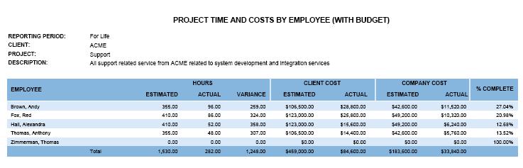 Project Time and Costs by Employee (with Budget)