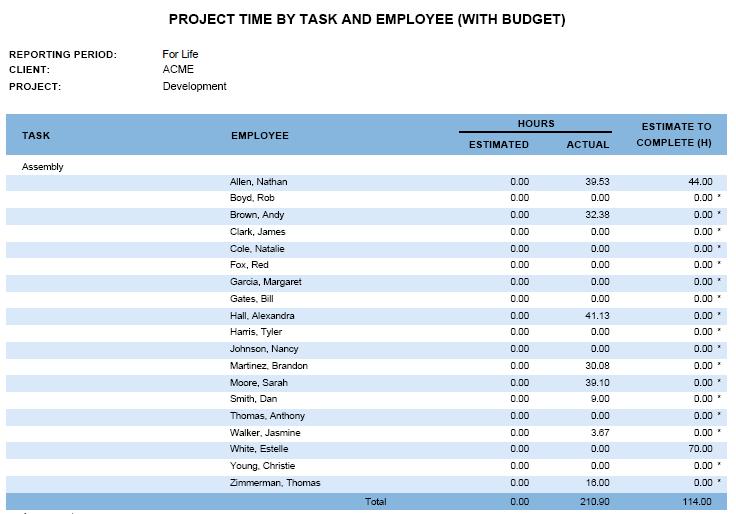 Project Time by Task and Employee (with Budget)